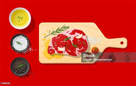 생고기 쇠고기 스테이크와 절단 보드에 조미료 붉은 배경 벡터 삽화에 음식 준비 스트립 스테이크에 대한 스톡 벡터 아트 및 기타
