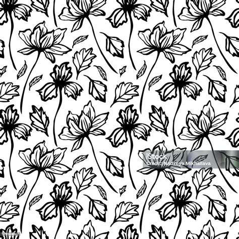 흑백 선형 스타일의 손으로 그린 식물 요소를 특징으로하는 우아한 이음새없는 꽃 벡터 패턴으로 포장 직물 벽지 표지 및 예술적 인쇄물에 이상적입니다 검은색에 대한 스톡 벡터