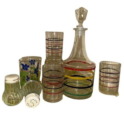 Primary Color Striped Decanter And Tumblers Juce Vintage S P Lids