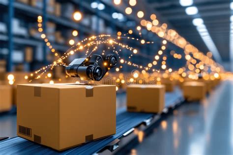 Advanced Robotic System Efficiently Sorting Parcels In A Busy Warehouse During The Daytime Stock