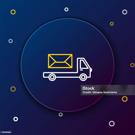 파란색 배경에 격리 된 흰색과 노란색 라인 포스트 트럭 아이콘입니다 메일 차 봉투 또는 편지와 차량 트럭 운송 컬러풀한 아웃라인 컨셉 벡터 일러스트레이션 검은색에 대한 스톡