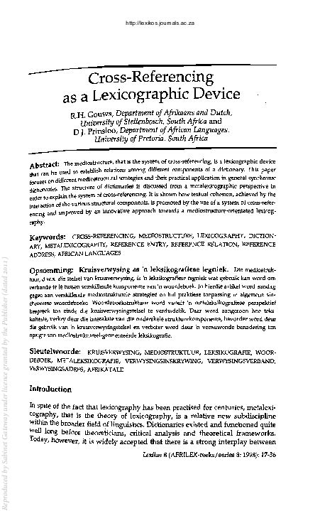 Pdf Cross Referencing As A Lexicographic Device Rufus H Gouws
