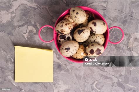 핸들이 발견된 신선한 메 추 라 기 계란과 오래 된 깨진된 착용된 회색 시멘트 바닥에 노란 곡선된 빈 종이 스티커의 완전 한 핑크 금속 시골 분 지 0명에 대한 스톡 사진