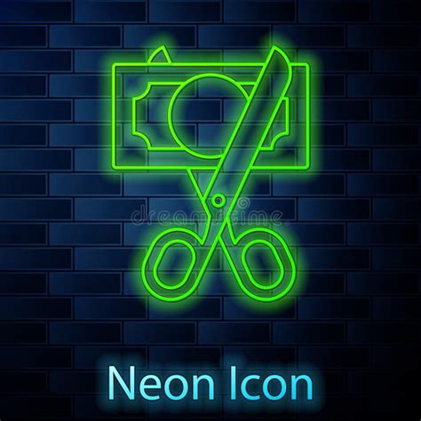 Glowing Neon Line Scissors Cutting Money Icon Isolated On Brick Wall Background Price Cost