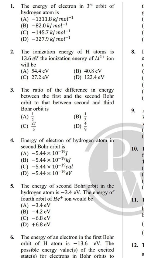 The Energy Of Electron In 3rd Orbit Of Hydrogen Atom Is Filo