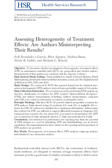 Pdf Assessing Heterogeneity Of Treatment Effects Are Authors Misinterpreting Their Results