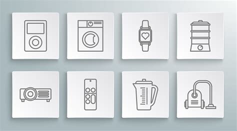 세트 라인 세탁기 리모콘 계량컵 진공 청소기 심장 박동수를 보여주는 스마트 워치 이중 보일러 및 음악 플레이어 아이콘 벡터 가사 집안일에 대한 스톡 벡터 아트 및 기타