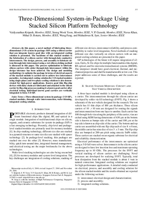 Pdf Three Dimensional System In Package Using Stacked Silicon Platform Technology