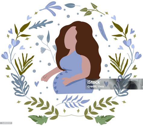 행복 한 임신 한 여자는 자연 배경으로 배를 잡고 있습니다 아이의 탄생을 기다리는 여자 플랫 스타일의 여성 캐릭터 개념 모성