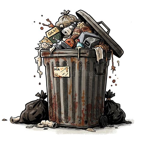 A Cartoonish Illustration Of An Overflowing Trash Can Is Depicted The Can Is Filled Stock