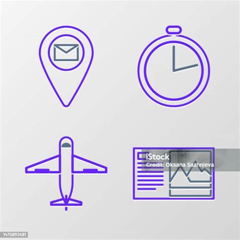 선 엽서 비행기 스톱워치 및 자리 표시자를 지도 용지 아이콘에 설정합니다 벡터 계시기에 대한 스톡 벡터 아트 및 기타 이미지