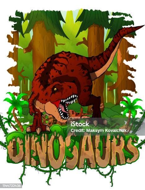 Тираннозавр На Фоне Леса Логотип Вектора Мир Динозавров — стоковая векторная графика и другие