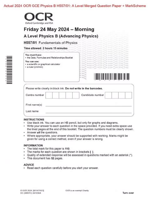Actual 2024 Ocr Gce Physics B H557 01 Fundamentals Of Physics A Level Merged Questionpaper