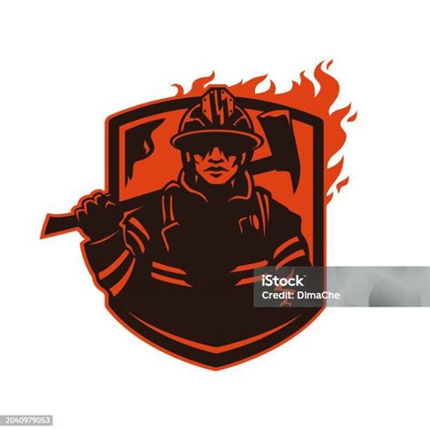 소방관 도끼와 헬멧을 쓴 소방관 화재와 함께 방패에 벡터 실루엣을 잘라 소방관에 대한 스톡 벡터 아트 및 기타 이미지 소방관 로고 소방서 Istock