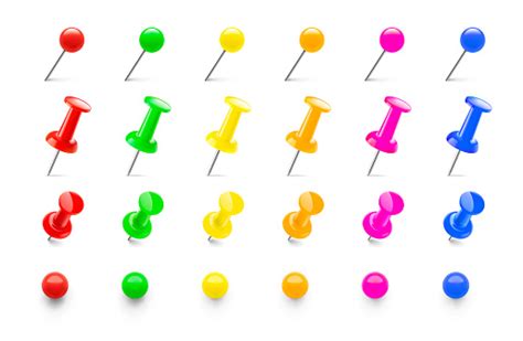 다양한 각도로 설정된 다채로운 푸시 핀 현실적인 엄지 손가락 금속에 대한 스톡 벡터 아트 및 기타 이미지 금속 누름 버튼 밀기 Istock