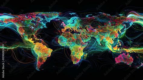 Global Data Flow Visualization World Map Digital Art Abstract Environment Aerial View Conceptual
