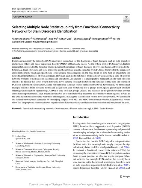 Selecting Multiple Node Statistics Jointly From Functional Connectivity