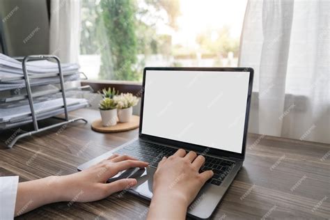 Premium Photo Woman Hands Typing On The Laptop With Empty Blank White