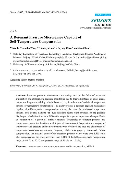 Pdf A Resonant Pressure Micro Sensor Capable Of Self Temperature Compensation