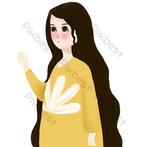 손을 올리는 노란 드레스에 긴 머리를 가진 손으로 그린 만화 아름다운 여자 일러스트 Psd 무료 다운로드 Pikbest