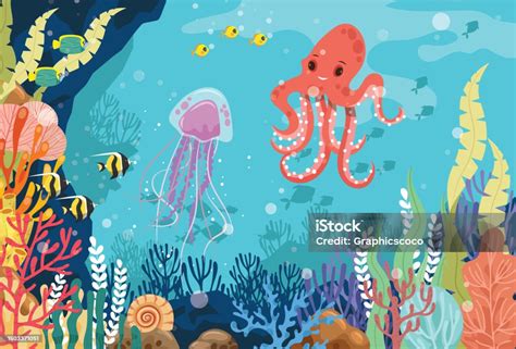열대 수중 해파리와 산호초의 문어 자연 속의 바다 생물 다채로운 해양 풍경 바닷속에 대한 스톡 벡터 아트 및 기타 이미지