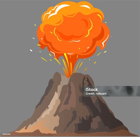 화산 폭발 단계가 설정되었습니다 김이 모락모락 나는 화산 불타는 마그마 접근 용암의 튀고 퍼짐 독성 물질에 대한 스톡 벡터 아트