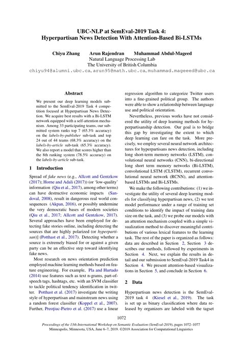 Pdf Ubc Nlp At Semeval 2019 Task 4 Hyperpartisan News Detection With