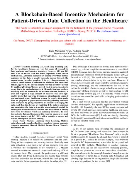 PDF A Blockchain Based Incentive Mechanism For Patient Driven Data Collection In The Healthcare