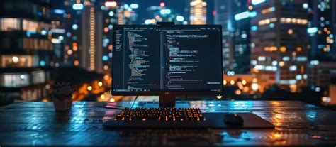 nighttime coding view with city lights premium ai generated image
