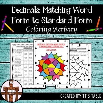 Decimals Matching Word Form To Standard Form Coloring Activity By TT S Table
