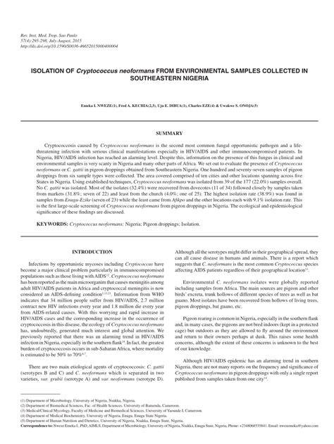 Pdf Isolation Of Cryptococcus Neoformans From Environmental Samples Collected In Southeastern