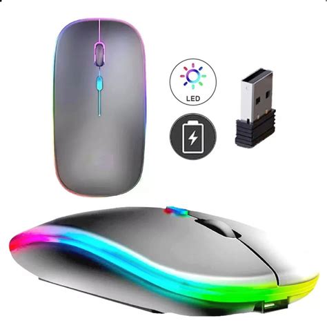 Mouse sem Fio Recarregável Led Carregador Usb Bugshop Prata MadeiraMadeira