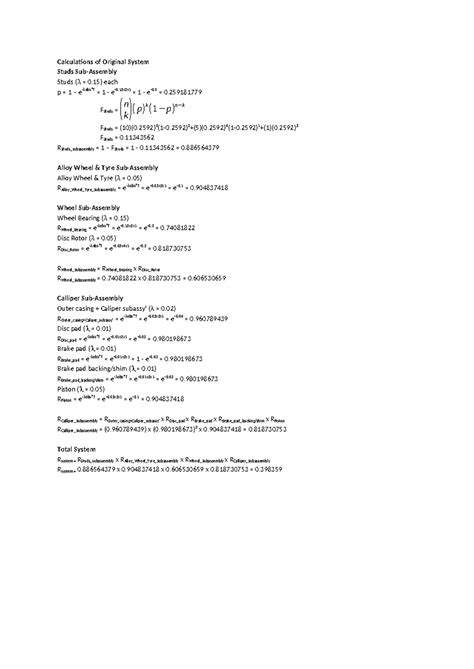 Reliability Assignment Calculation Calculations Of Original System