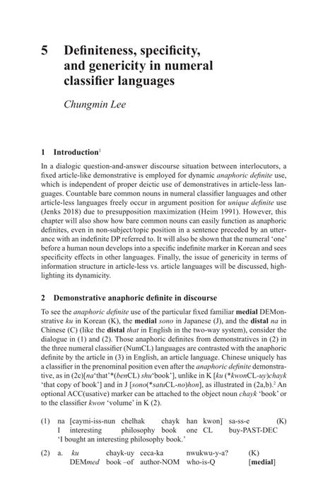 Pdf Definiteness Specificity And Genericity In Numeral Classifier Languages