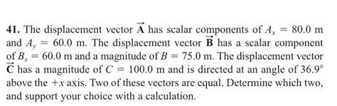 Solved The Displacement Vector Vec A ﻿has Scalar Components