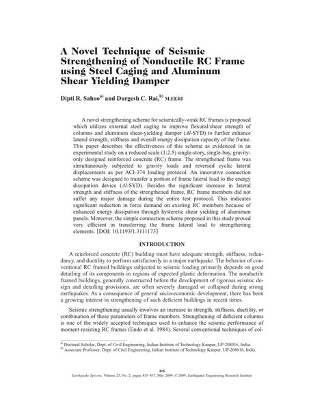 Pdf A Novel Technique Of Seismic Strengthening Of Nonductile Rc Frame Using Steel Caging And