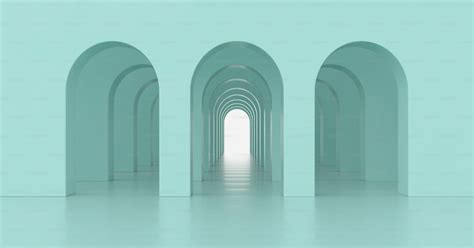 3d 렌더링 아치 복도 간단한 기하학적 배경 건축 복도 포털 빈 벽 내부의 아치 기둥 현대 최소한의 개념 사진