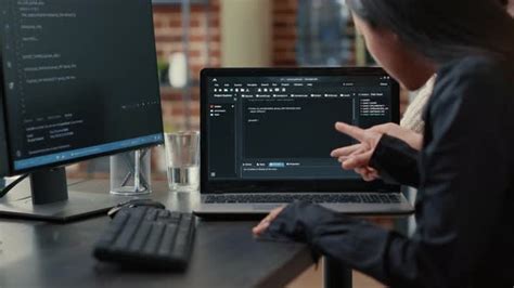 Team Of Programmers Talking About Algorithm Running On Laptop Screen Pointing At Source Code Team Of Programmers Talking About Algorithm Running On Laptop Screen Pointing At Source Code