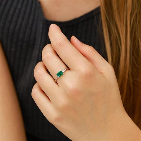 Emerald Cut Green Gemstone Ring Sterling Silver Minimalist Promise