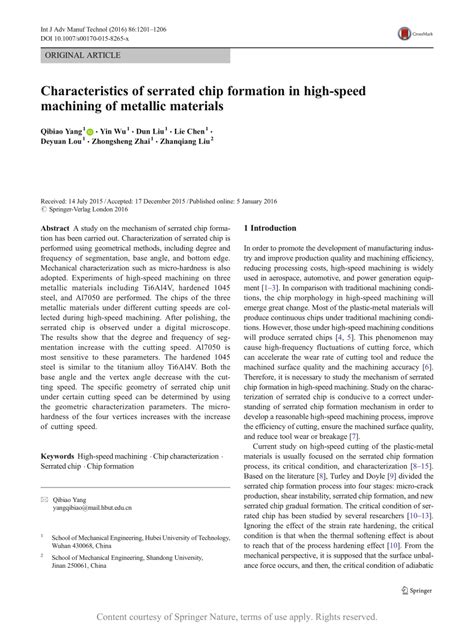 Characteristics Of Serrated Chip Formation In High Speed Machining Of Metallic Materials