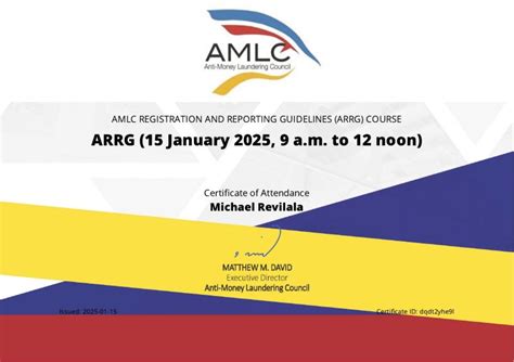 Certificate Of Arrg Amlc Registration And Reporting Guidelines Michael Revilala