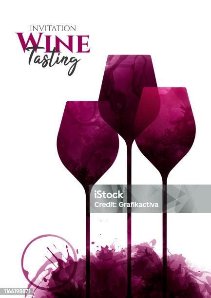 길게 된 레드 와인 3 잔의 일러스트 와인 얼룩과 방울 샘플 텍스트가 있는 흰색 배경입니다 우아하고 창의적이며 예술적입니다