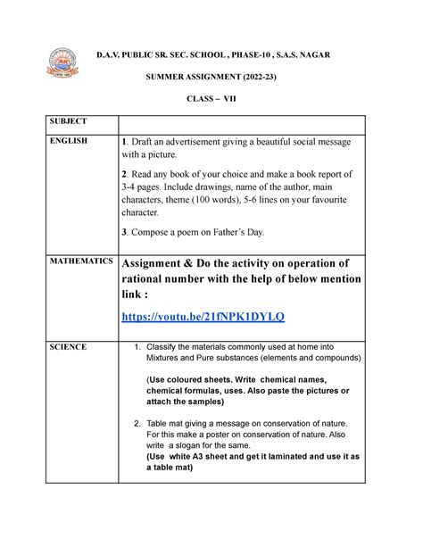 Summer Assignment Class VII D A PUBLIC SR SEC Babe PHASE 10 S A NAGAR SUMMER
