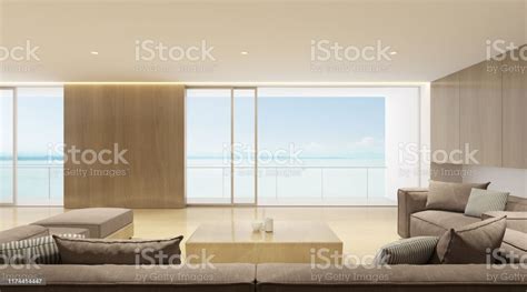 바다 전망 배경에 회색 소파와 현대적인 고급 거실의 관점 목재 인테리어 디자인 대형 창문 시스템의 건축 아이디어 3d 렌더링 0명에 대한 스톡 사진 및 기타 이미지 Istock