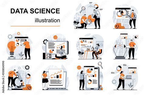 Data Science Concept With People Scenes Set In Flat Design Women And Men Analyzing Information