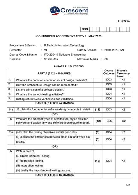 Cat 2 Software Engineering Qp Itd 2204 Continuous Assessment Test 2