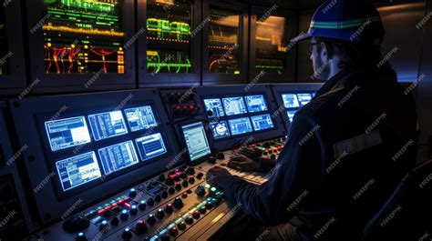 Engineer In Safety Gear Manages Complex Industrial Control Panel With Multiple Screens And Dials