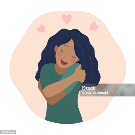 자기 사랑 개념 자신을 껴안는 행복한 여자 평평한 스타일의 일러스트레이션 Mental Wellbeing에 대한 스톡 벡터 아트