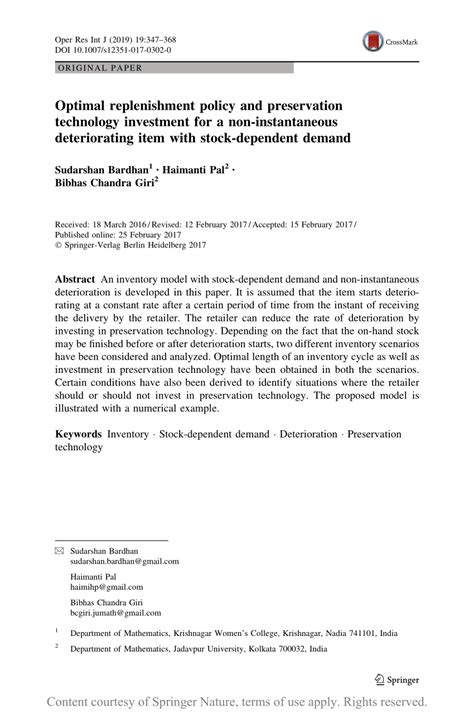 Optimal Replenishment Policy And Preservation Technology Investment For A Non Instantaneous