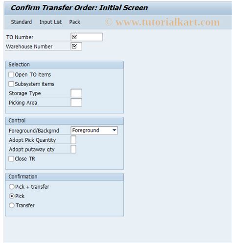 LT D SAP Tcode Confirm Transfer Order Pick